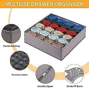 Cawek 3 Pack Fabric Underwear Organizer Dividers， Foldable Drawer under cabinet organizer Storage Boxes for Socks，Underwear, （Grey）