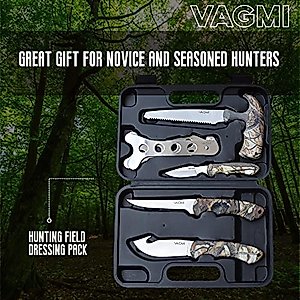 VAGMI Hunting Knife Set -5 Pieces of Portable Butcher Game Processing Set ， Hunting Knife for Men ，for Deer Hunting ，Survival, Camping, Fishing, Meat,with Storage Case