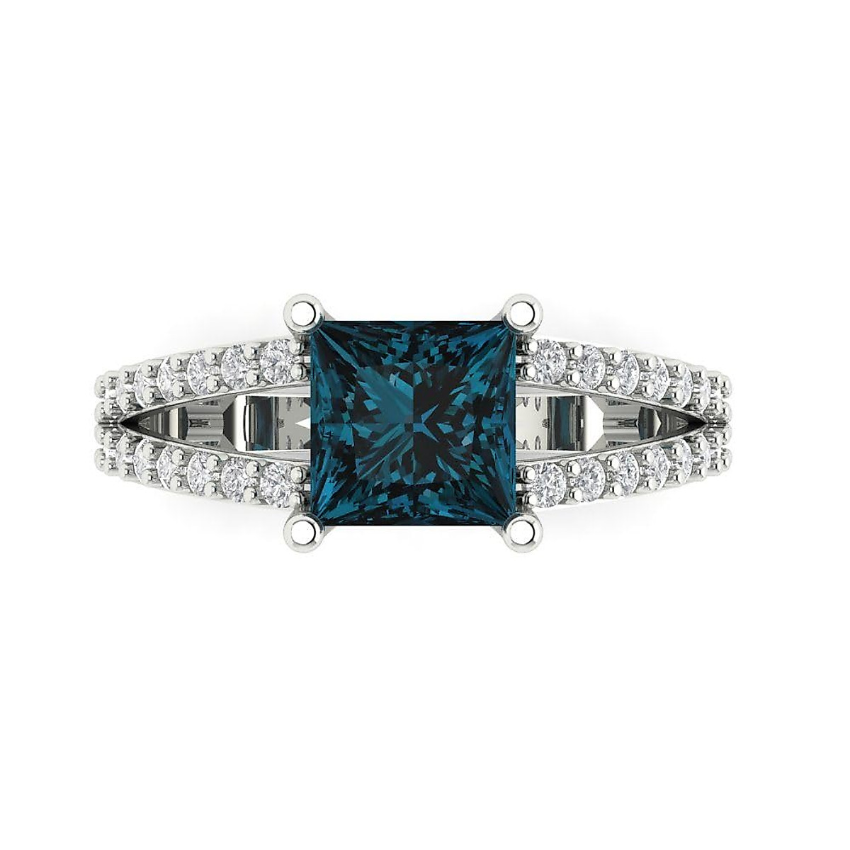 Clara Pucci 2.39ct Princess cut Custom Engraving Solitaire split shank London Blue Topaz Statement Art Deco Ring 14k White Gold SZ 9.5