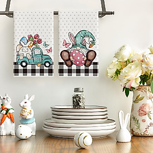 Artoid Mode Buffalo Plaid Gnome Egg Truck Bunny Rabbit Easter Kitchen Towels Dish Towels, 18x26 Inch Seasonal Spring Decoration Hand Towels Set of 2