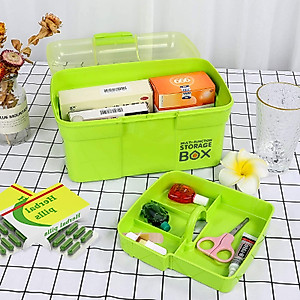 2 Packs 11” Plastic Storage Box Tool Box Sewing Box Organizer with Removable Tray, Multipurpose Portable Handled Storage Case for Art Craft and Cosmetic (Green) 