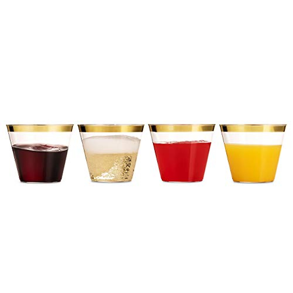 Munfix 100 Gold Plastic Cups - 9 Oz Clear Old Fashioned Tumblers - Fancy Gold Rimmed Cups - Disposable Wedding Cups - Elegant Party Cups with Gold Rim