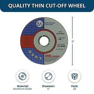 Benchmark Abrasives 5" Pro Metal Self-Sharpening Steel Cutting Cutoff Wheel 0.045" Thick 7/8" Arbor, Angle Grinder Wheel, Aluminum Cutting Grinding Wheel- 25 Pack