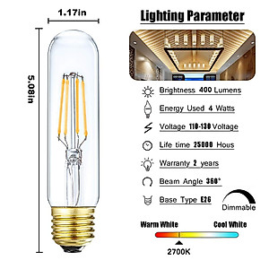 Leools Led Tube Bulb Glass 4W Dimmable Edison T10 Tubular Bulb,E26 Medium Base Filament Lamp 40 Watt Incandescent Bulb Equivalent 2700K Warm White,Clear Glass,No Flicker,3 Pack.