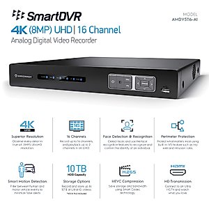 Amcrest 4K UltraHD 16 Channel AI DVR Security Camera System Recorder, 8MP Security DVR for Analog Security Cameras & Amcrest IP Cameras, AI Smart DVR, HDD & Cameras NOT Included (AMDV5116-I3)