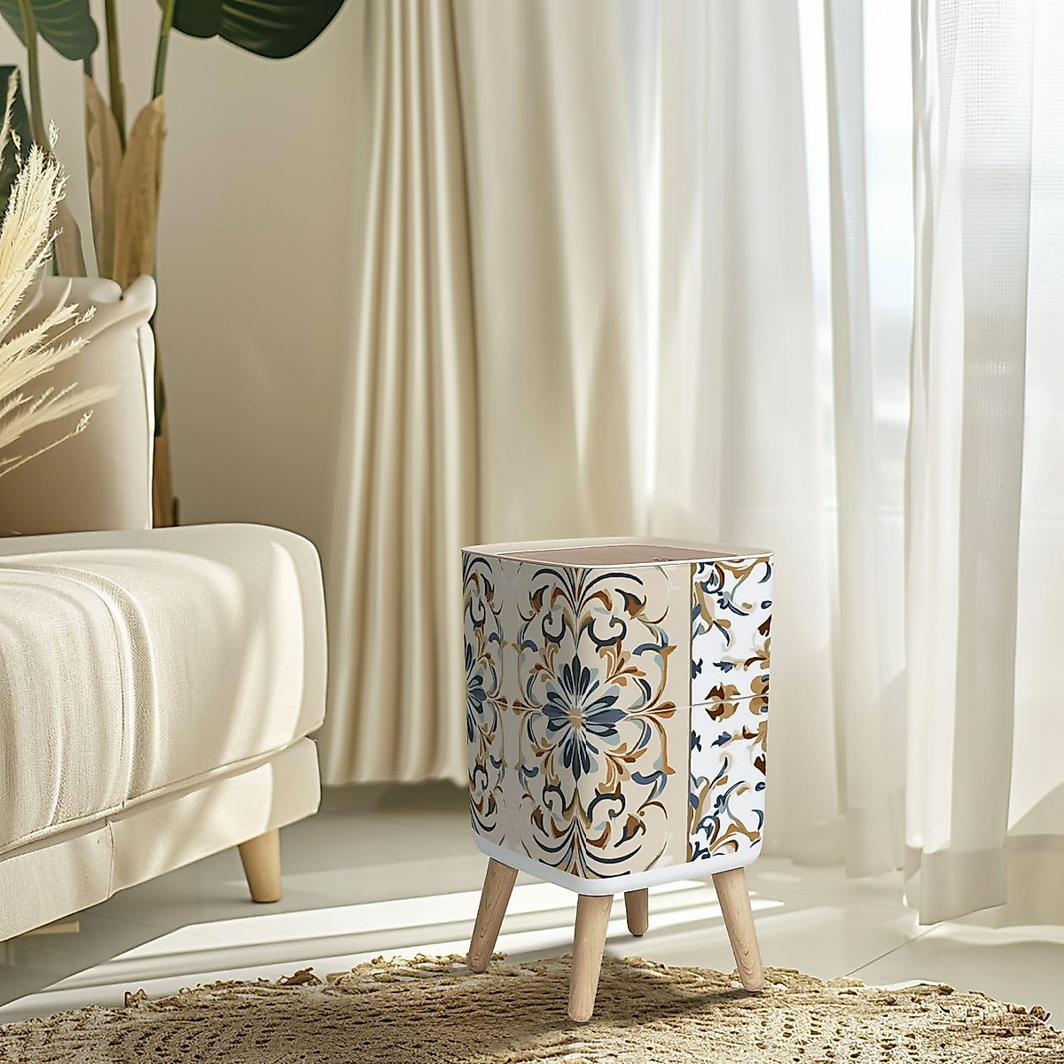 Small Trash Can with Lid Seamless Azulejo tile Portuguese Spain decor Ceramic tile Victorian Wastebasket with Press Cover Dog Proof Garbage Can Waste Bin for Kitchen Bathroom Nursery 2.6 Gallon