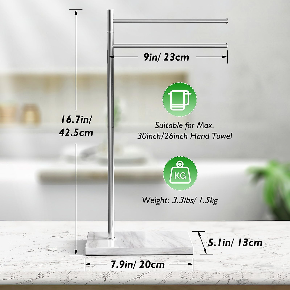 Luxspire Marble Hand Towel Holder, Free Standing Hand Towel Stand, 𝙉𝙖𝙩𝙪𝙧𝙖𝙡 Marble Base Countertop Towel Stand Stainless Steel Swivel Towel Rack for Bathroom Kitchen Countertop, F-Shape