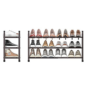 TZAMLI 3-Tier Stackable Closet Shoe Rack Organizer, Expandable and Adjustable Metal Shoes Shelf Storage Small Shoe Rack for Entryway Dorm, Brown