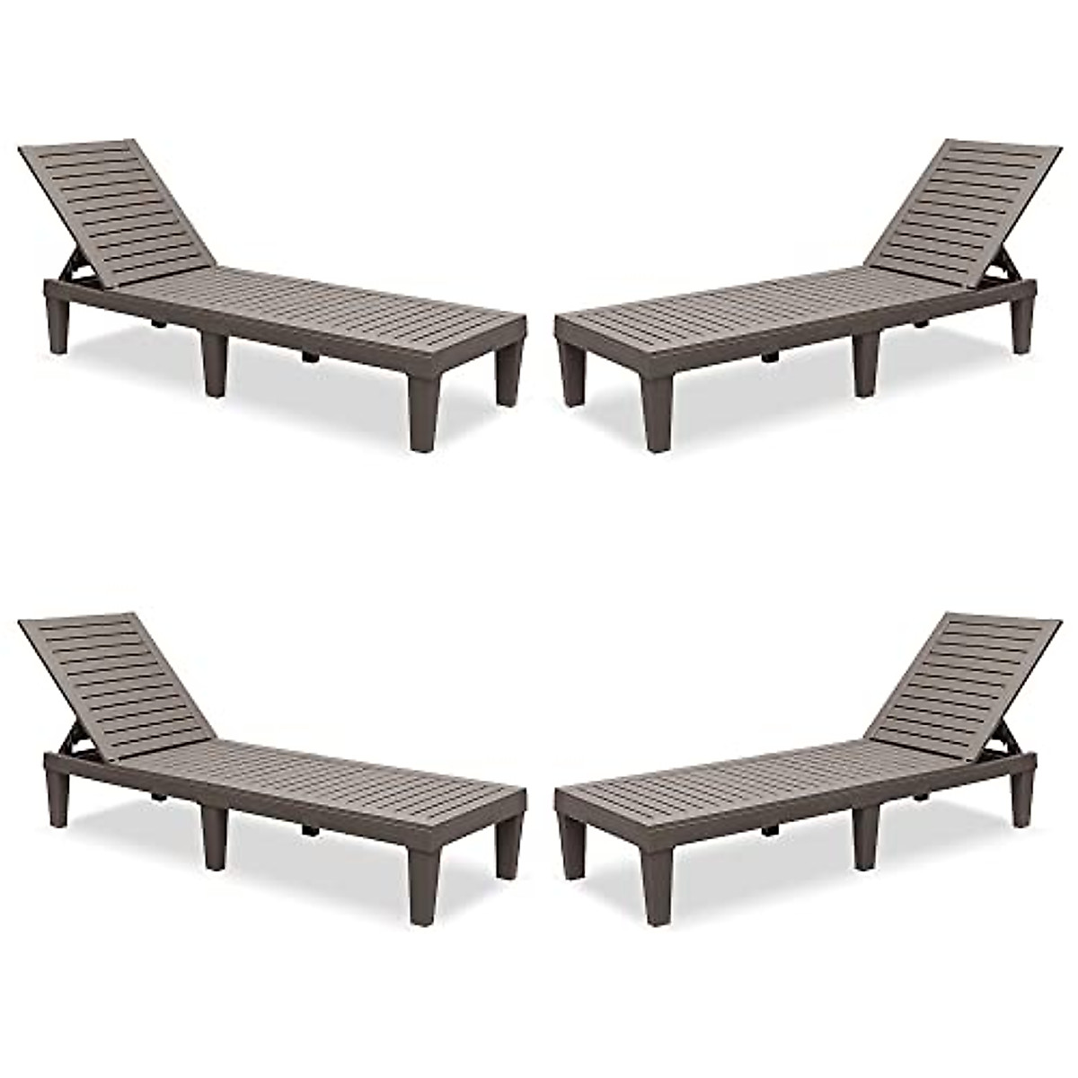 BELLEZE Set of 4 Lounge Chairs Recliners for Outside, Adjustable Patio Chair with 5 Positions Backrest, Waterproof Resin Wooden Texture Reclining Outdoor Lounge Chaise for Poolside - Brown