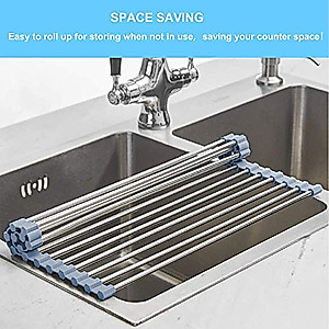 Seropy Roll Up Dish Drying Rack, Over The Sink Dish Drying Rack Kitchen Rolling Dish Drainer, Foldable Sink Rack Mat Stainless Steel Wire Dish Drying Rack for Kitchen Sink Counter (17.5''x11.8'')