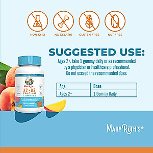 MaryRuth Organics Calcium with Vitamin D & Vitamin K2, 2 Month Supply, Calcium Supplement Supports Bone Health & Joint Support, with Vitamins D3 K2 Gummies, Vegan, Non-GMO, Gluten Free, 60 Count