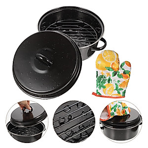 Cabilock 1 Set Granite Roasting Pan Turkey Roasting Pan with Lid Oven Roaster Round Cooking Pot Speckled Enamel on Steel Cookware Broiler Pan with Glove for Small Chicken 24cm