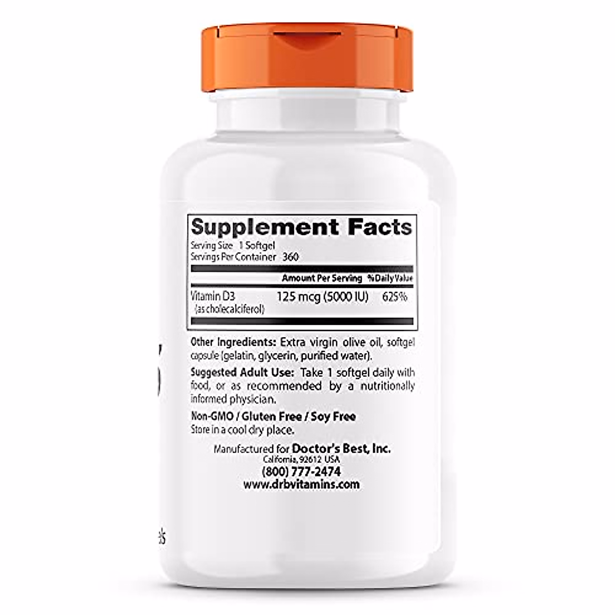 Doctor's Best Vitamin D3 5,000 IU for Healthy Bones, Teeth, Heart and Immune Support, Non-GMO, Gluten-Free, Soy Free, 360 Count (Pack of 1)