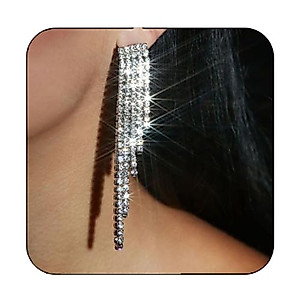 Unicra Long Rhinestone Fringe Earrings Silver Bridal Tassel Dangle Earrings Large Bling Crystal Chandelier Drop Earrings Wedding Party Jewelry for Women (Gold)