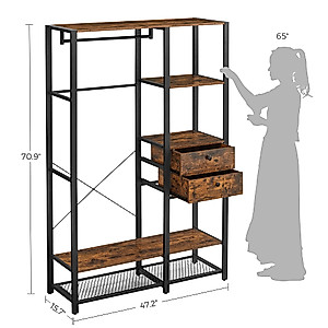 VASAGLE Free Standing Closet Organizer, Clothes Rack, Closet Organizer and Storage Shelves, Hanging Rod, 2 Drawers, Industrial Style, Rustic Brown and Black URGR001B01