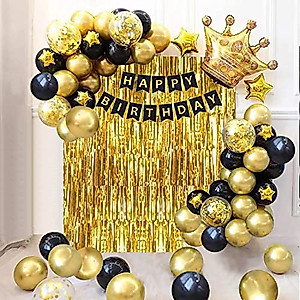 Black Gold Birthday Party Decoration Set, Including Happy Birthday Banner, Balloons, Metallic Fringe Curtain, Flower Pompoms, Golden Crown, Suit Perfect For Girls or Boys, Men or Women Birthday Party