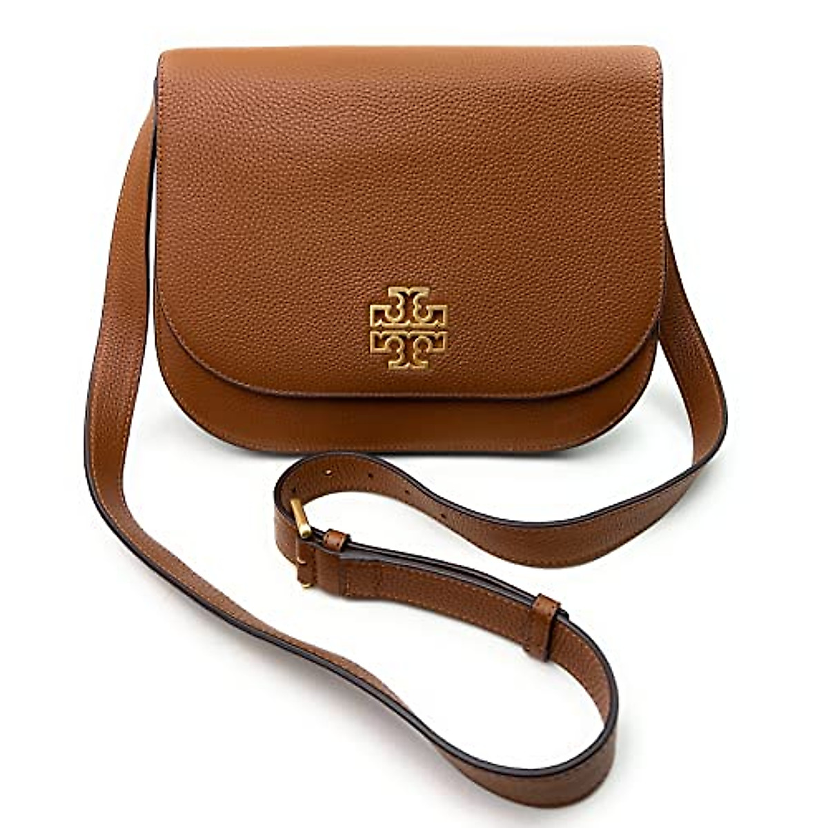Tory Burch Britten Pebbled Leather Saddle Bag (Moose) With Gold Tone Hardware