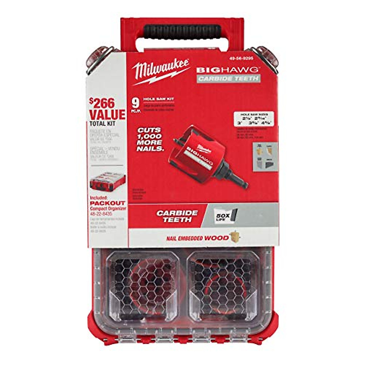 Milwaukee 49-56-9295 BIG HAWG Carbide Hole Saw (2-1/8, 2-9/16, 3, 3-5/8, 4-5/8 Inches) Kit (9-Piece) with PACKOUT Case