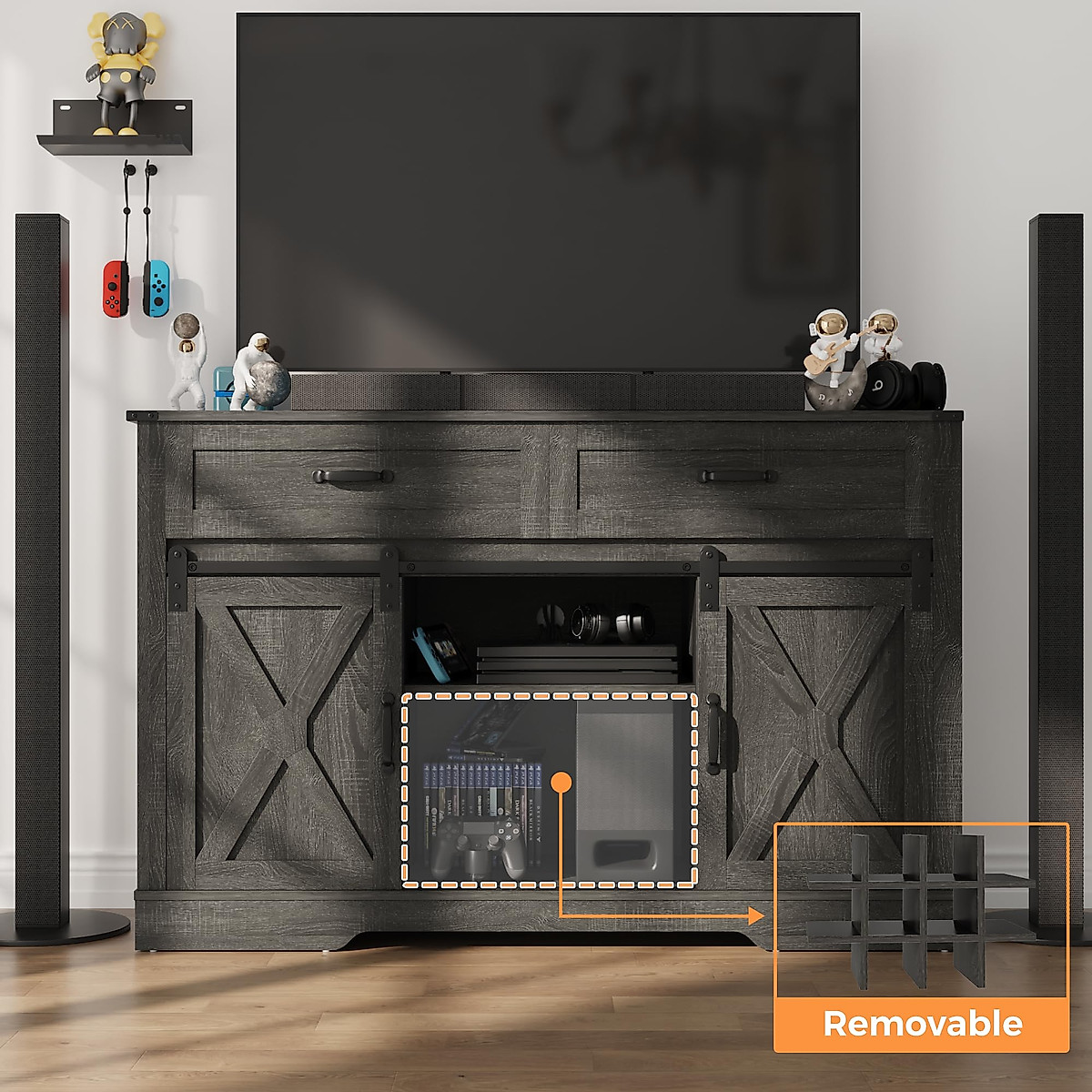 RoyalCraft Farmhouse Buffet Cabinet with Storage, 52'' Wine Bar Cabinet with Sliding Barn Door, Liquor Coffee Bar Cabinet and Sideboard for Kitchen, Dining Room, Rustic Dark Grey