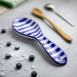 Handmade Dark Navy Blue Stripe Ceramic Kitchen Cooking Spoon Rest | Pottery Utensil Holder | Housewarming Gift by City to Cottage®