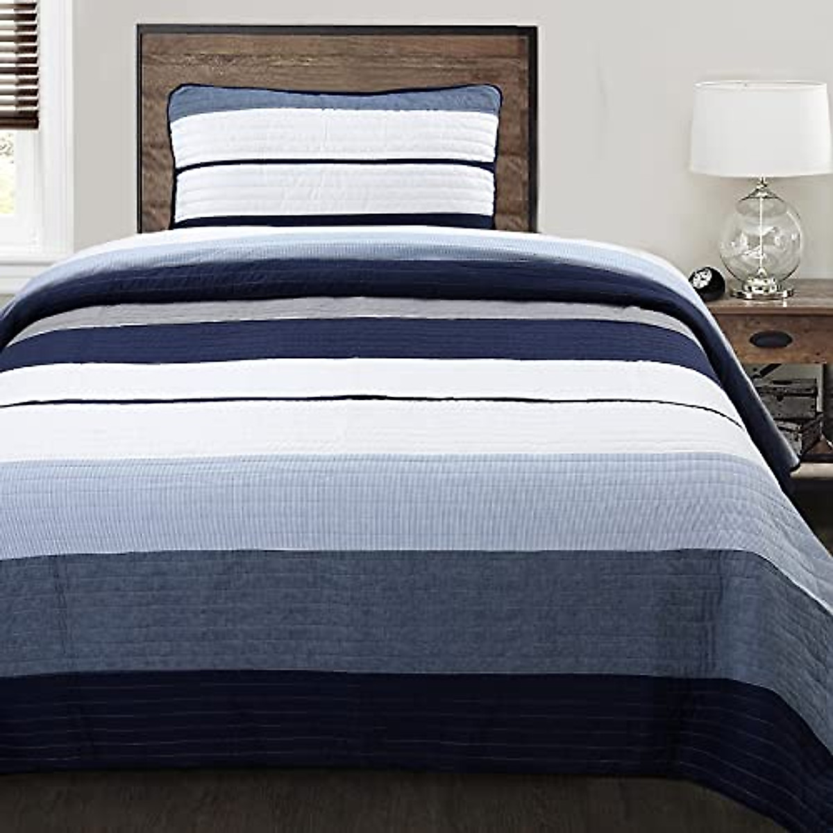 Cozy Line Home Fashions Tranquil Blue Gray Striped Boy 100% Cotton Reversible Quilt Bedding Set, All-Season Coverlet Bedspread (Rendon, Twin - 2 Piece)