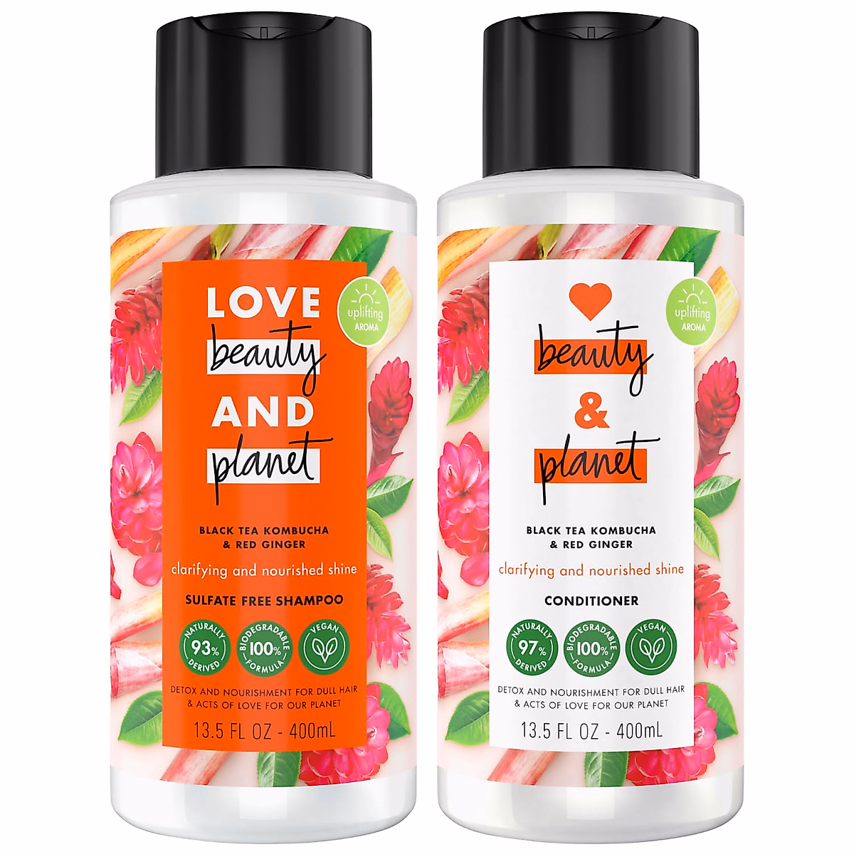 Love Beauty And Planet Shampoo and Conditioner, Black Tea Kombucha & Red Ginger - Sulfate-Free Shampoo & Conditioner, Clarifying, Hydrating, Shiny Hair Products, Scented, 13.5 Oz