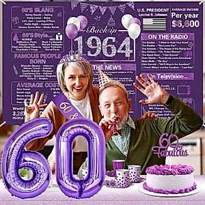 Crenics Purple 60th Birthday Decorations for Women 1964 - Back in 1964 Birthday Backdrop Banner, 60th Birthday Sash and Tiara, Tablecloth and Cake Topper for 60 Years Old Birthday Party Supplies
