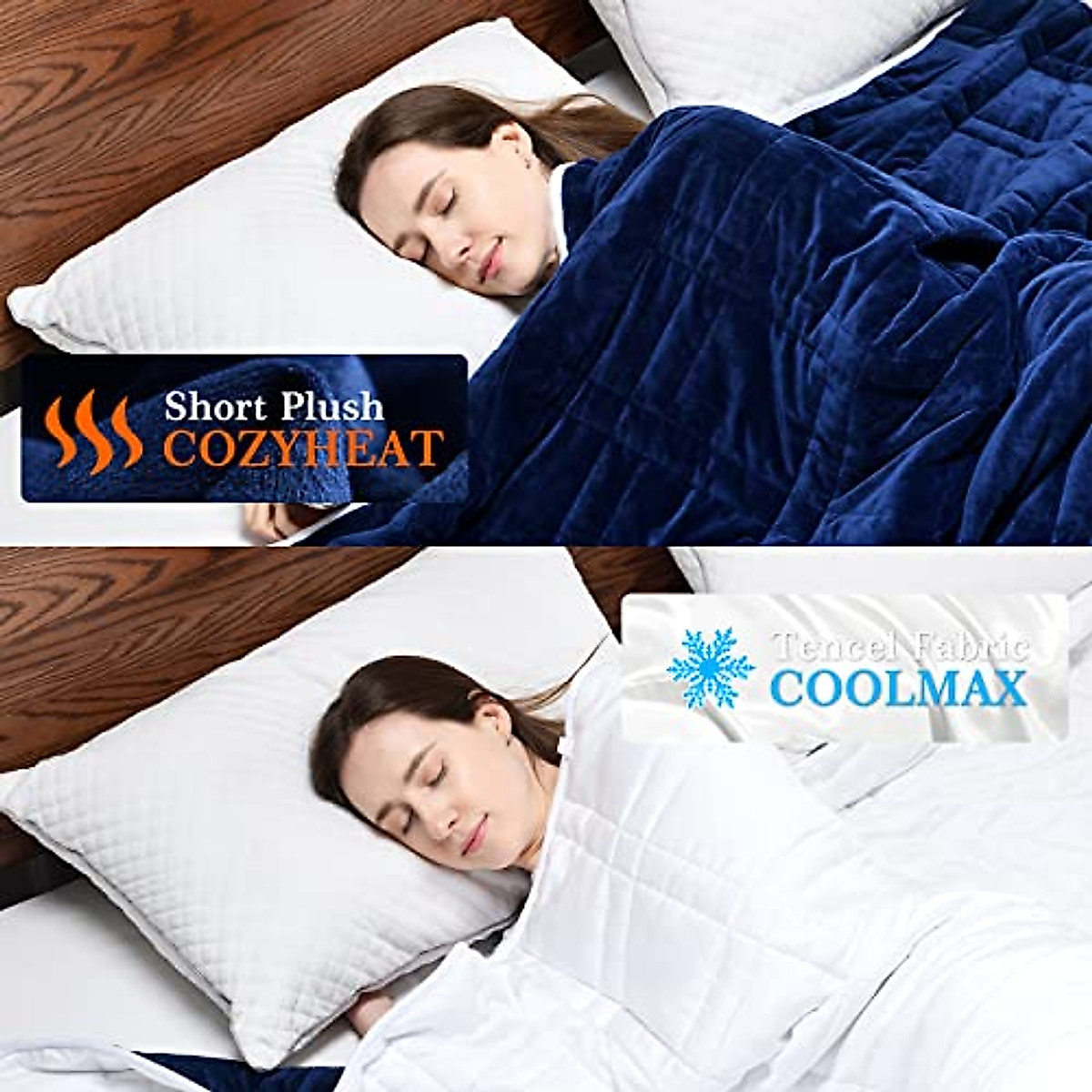 OMYSTYLE King Size Weighted Blanket 15lbs(88''x104'', Navy Blue / White), Reversible Weighted Blanket with Warm Short Plush and Cooling Tencel Fabric for All Season Use - Carry Bag Included