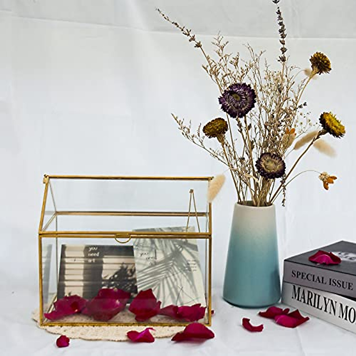 YIMORENCE V Gold Wedding Glass Card Box – Large Wedding Card Holder Gold Handmade Brass Vintage House Shape with Lid (House Gold)