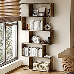 CHF DPT 5-Tier Geometric Bookcase, Brown Wooden Modern Bookshelf with Large Capacity, Freestanding Decorative Tall Bookcase Shelving for Bedroom Living Room, S Shaped Bookshelf with Particleboard