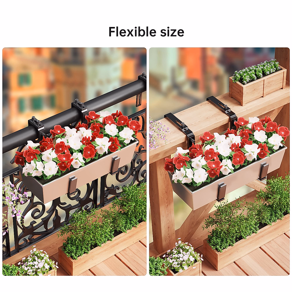 Y&M Adjustable Planter Box Brackets, Brackets for Window Boxes Planters, 4 Packs Universal Outdoor Hanging Brackets, Black Steel Mounting Durable, Suitable for Fence Pergola Patio Garden Balcony