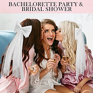 Juinte Bridal Hair Bow Veil Bachelorette Party Pearl Hair Clip Wedding Veil Bride Accessories Bridesmaid Favors Large Bow with Barrette Bachelorette Party Decorations (White, Pearl)