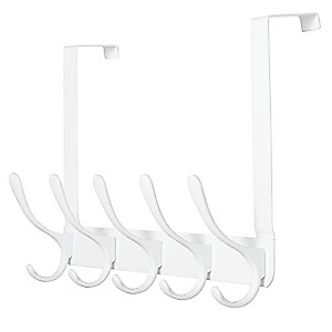 SKOLOO Over The Door Hook Rack, 5 Door Hanger Hooks for Clothes Towels Coat, Over The Door Coat Rack (White)