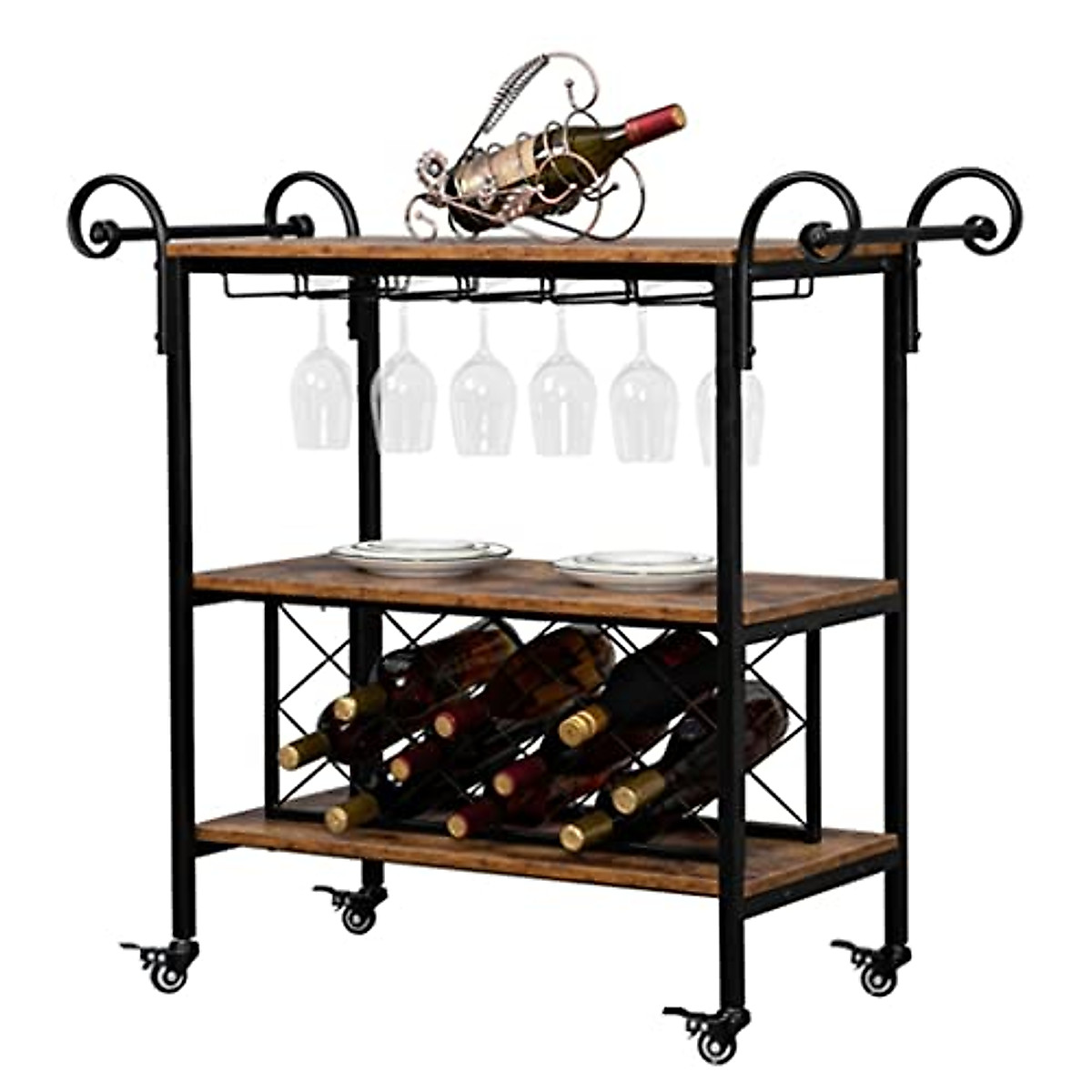 JAHH 2-Layer Double-Armrest Diamond Wine Bottle Rack 1.5mm Thick Fire Pattern Density Board Movable Iron Wood Wine Cart