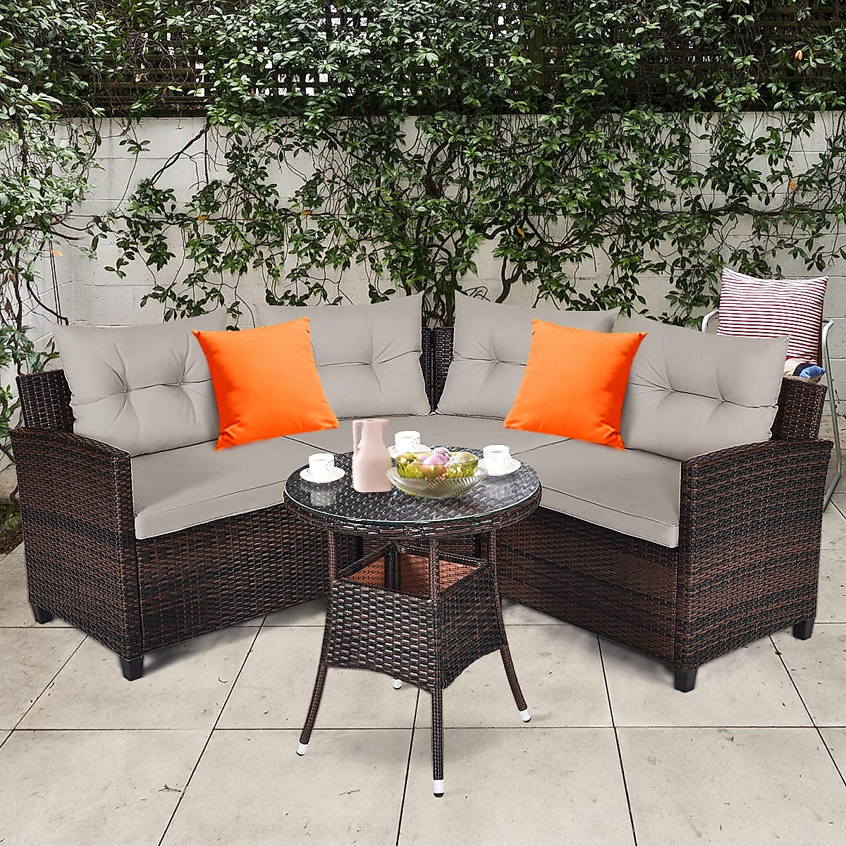 HAPPYGRILL 4PCS Curved Outdoor Sofa Set Rattan Wicker Patio Furniture Set with Coffee Table & Cushions Modern Conversation Set Curved Sofa Set for Garden Poolside Balcony