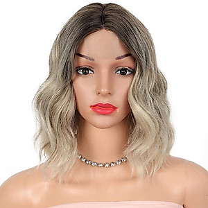 Kalyss 12" Synthetic Edge Lace Front Wigs for Women Short Wavy Bob Wig Middle Part Ombre Ash Blonde Wig for Daily Wear(12”, Ombre Ash Blonde)
