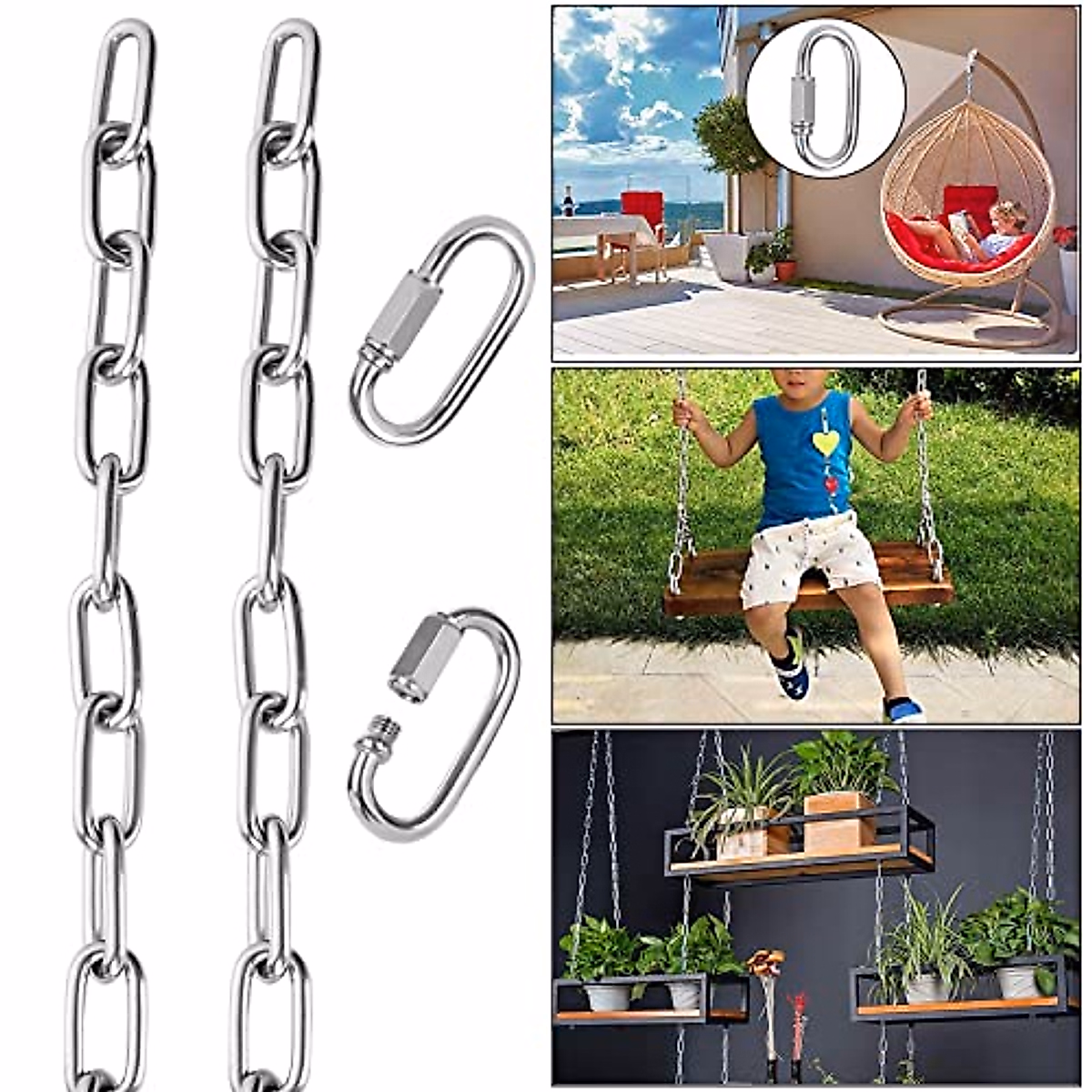 1/4” Hanging Link Chain, 6.56 Feet 304 Stainless Steel Link, 78.7 Inch Hanging Chains, 1300lb Capacity Heavy Duty Chains Hanging Kits for Swing Chairs, Hammocks, Rope, Punching Bags Outdoor/Indoor