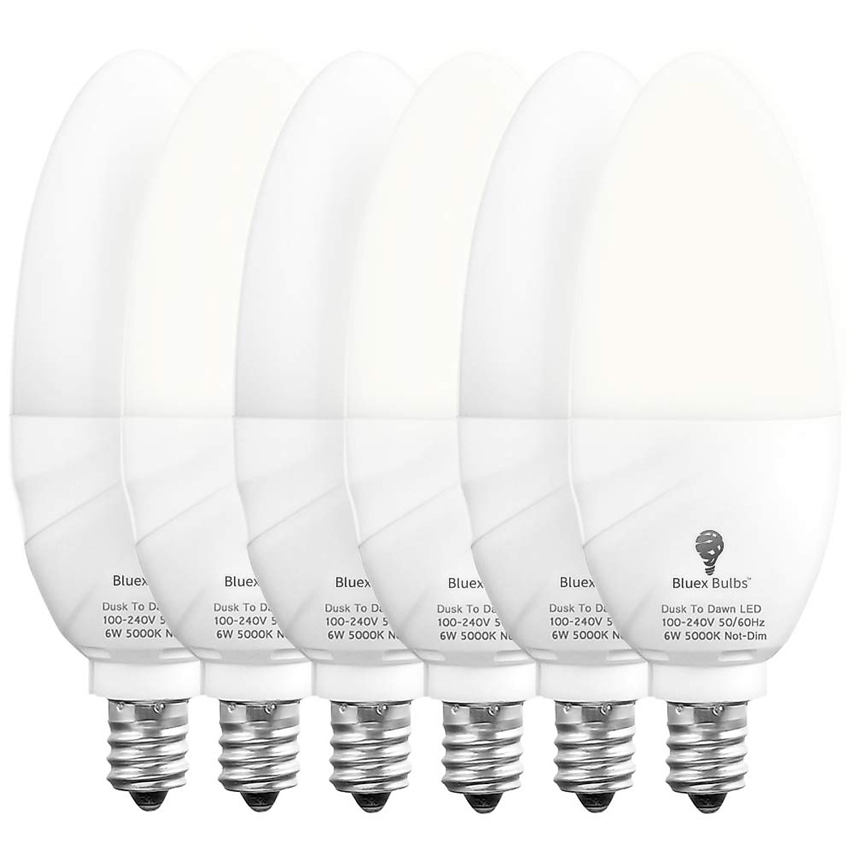 6 Pack BlueX Dusk to Dawn LED Bulbs, 6W E12 Base Light Bulb - 65W Equivalent – 5000K Daylight White - Smart Light Sensor Candelabra Bulb, Home Security Driveway, Yard, Porch Lighting