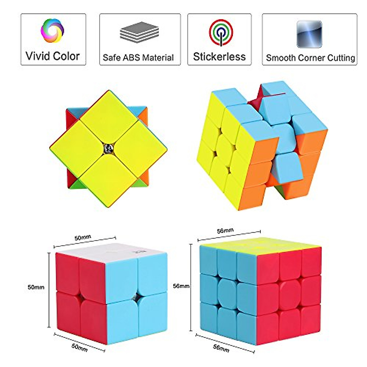 Roxenda Speed Cube Set, Speed Cube Bundle of 2x2x2 and 3x3x3 Cube Smoothly Magic Cube Collection for Kids Teens & Adults [2 Pack] (Stickerless)