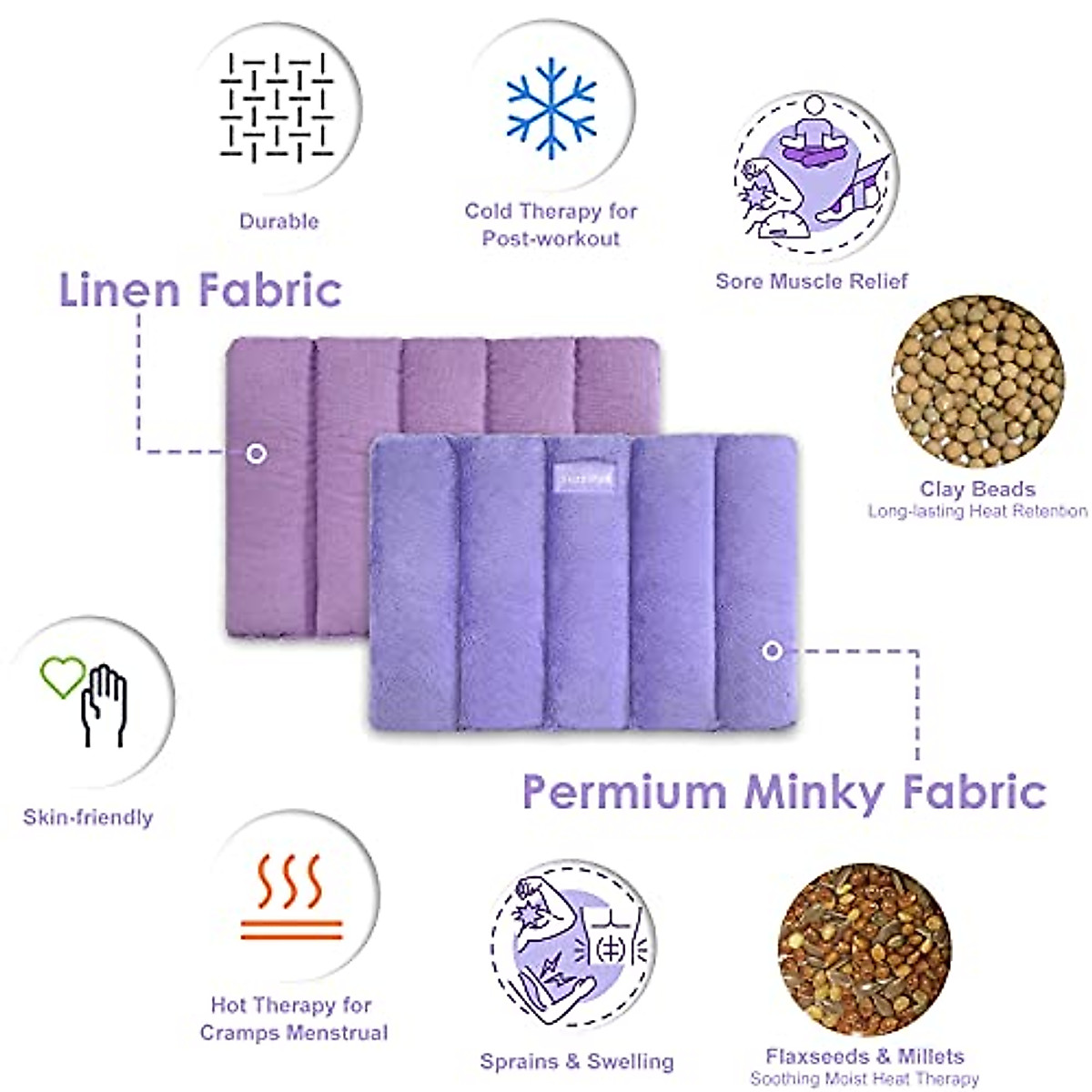 SuzziPad Heating pad Microwavable, 8 x 12" Reusable Heat Pads for Pain Relief, Moist Heating Pads for Cramps, Muscle Ache, Joints, Back Pain, Neck, Shoulder, Warmer Heat Pack (Purple)