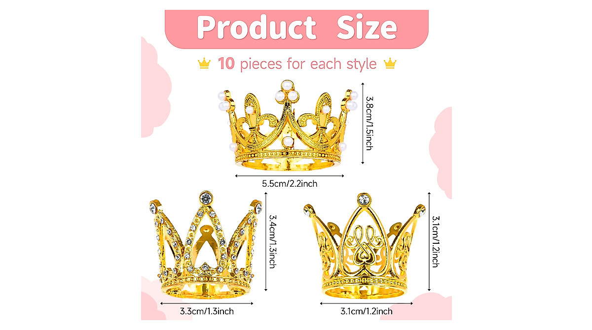 Gold Crown Cake Topper - 30 Mini Crowns for Weddings & Birthdays