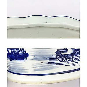 MADBLR7 Ceramic Plant Pots Oval Small Bonsai Flower Pot Ruffled Blue and White Porcelain Indoor Window Sill Micro Landscape Succulent Large Flower Pot