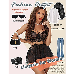 Avidlove Babydoll Strappy Chemise V Neck Bodysuit Sexy Sleepwear Black Large