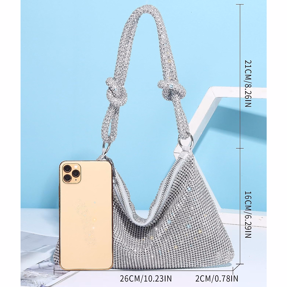 RichCoco Rhinestone Evening Purses for Women Hobo Bags Chic Sparkly Crystal Cluth Purse Bling Shiny Handbag for Party Club (Silver)