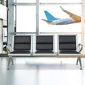 Kinfant 3-Seat Waiting Room Chair - Metal Waiting Area Bench Guest Reception Chairs with Armrests, PU Leather Waiting Room Furniture for Office, Airport, Black