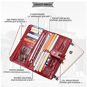 Contacts Womens Clutch Wallet Leather Checkbook Purse for Women Bifold Long Zipper Wallet Phone Card Holder (Red)