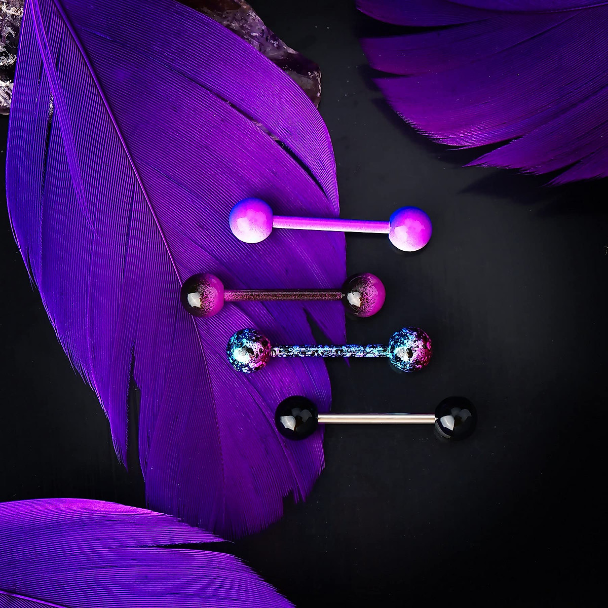 OUFER 4 PCS Stainless Steel 14G Barbell Tongue Rings Purple Black Splatter Tongue Barbell Tongue Piercing Jewelry