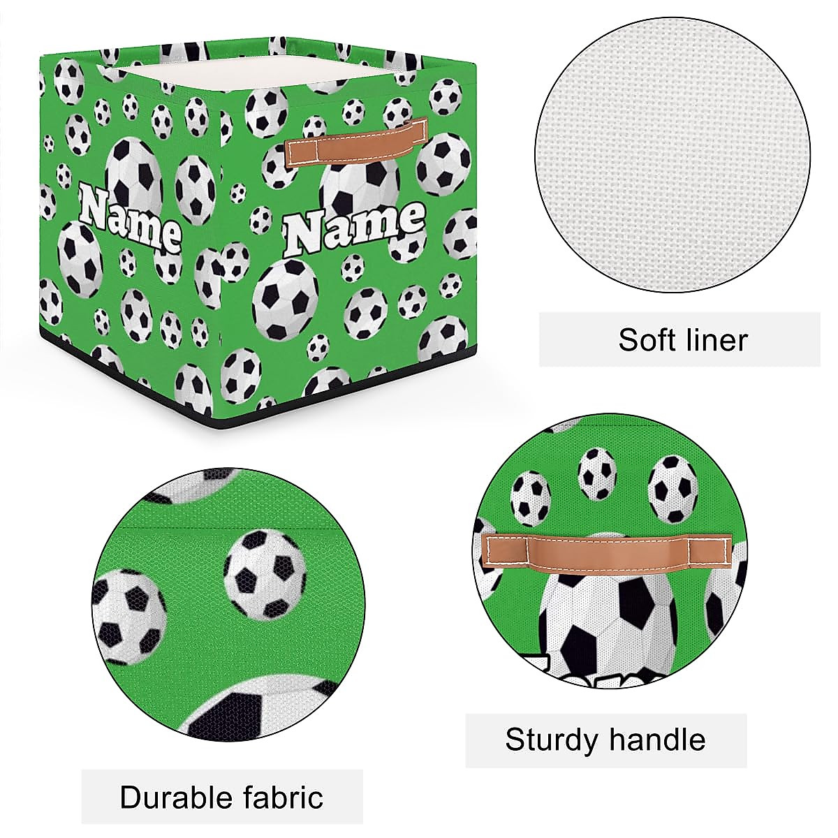 Sport Football Soccer Customs Cube Storage Bins with Name, Soccer Ball Personalized Storage Baskets for Organizing Toys, Shelves, Closet, Fabric Storage Boxes with Handles