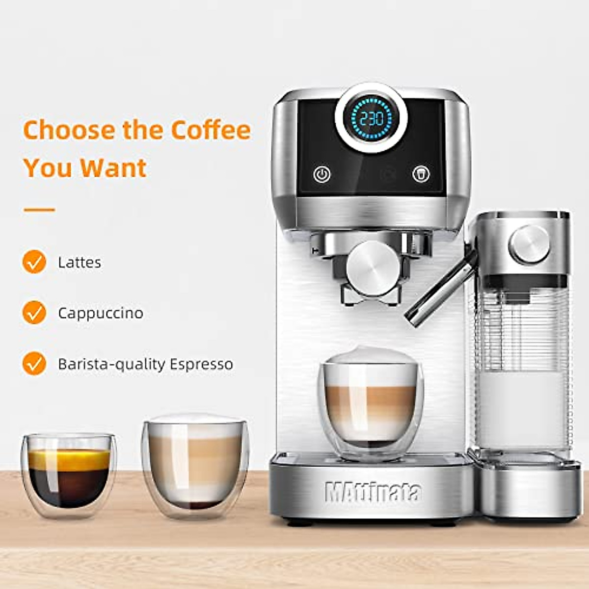 MAttinata Cappuccino Machine and Espresso Machine, 20 Bar Stainless Steel Latte Maker and Espresso Machine for Home with Automatic Milk Frothing System