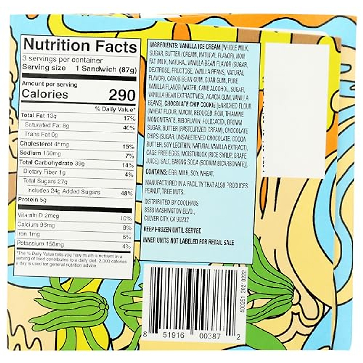 Coolhaus Classic Vanilla Ice Cream Sandwiches, 2.9 Ounce (Pack of 3), Chocolate Chip Cookies and Tahitian Vanilla Bean Ice Cream (Frozen)